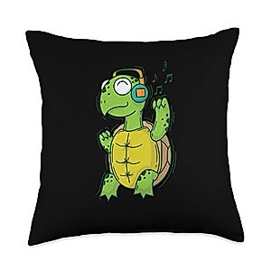 Turtle reptile carapace old Sauropsida Testudines Turtle Loves Listening to Music with Headphones Throw Pillow, 18x18, Multicolor