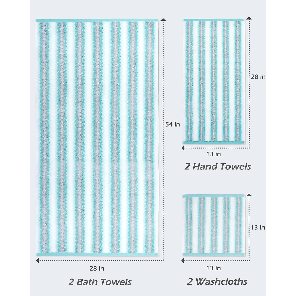 Jacquotha 6 Pack Cute Bath Towel Set Aqua Striped Pattern - Extra Soft, Lightweight, Quick Drying Towels for Bathroom Gym Spa Pool, Decrative Towels for Gifts