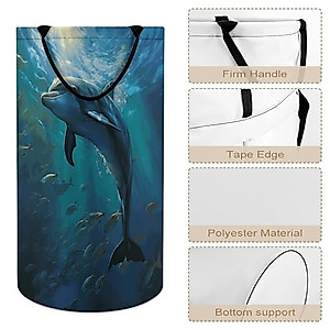 Laundry Basket Hamper Waterproof Dirty Clothes Hamper Dolphin in The Deep Ocean Collapsible Washing Bin Clothes Bag with Handles Freestanding Laundry Hamper for Bathroom Bedroom Dorm Travel