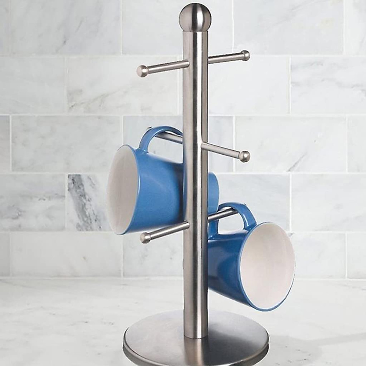 6 Cup Mug Tree Holder Tabletop Coffee Tea Kitchen Storage Rack Silver With Non-Sip Base Drinkware Shelf For Home Kitchen Mug Rack Tree Stainless Steel Countertop Stand Cabinet Holder Shelf Coffee Cup