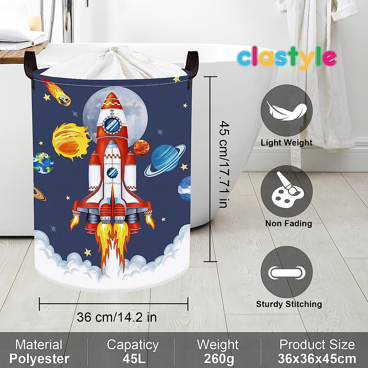 Clastyle 45L Space Rocket Launch Boy Toy Storage Basket Blue Planets Clothes Laundry Hamper for Baby Nursery Room
