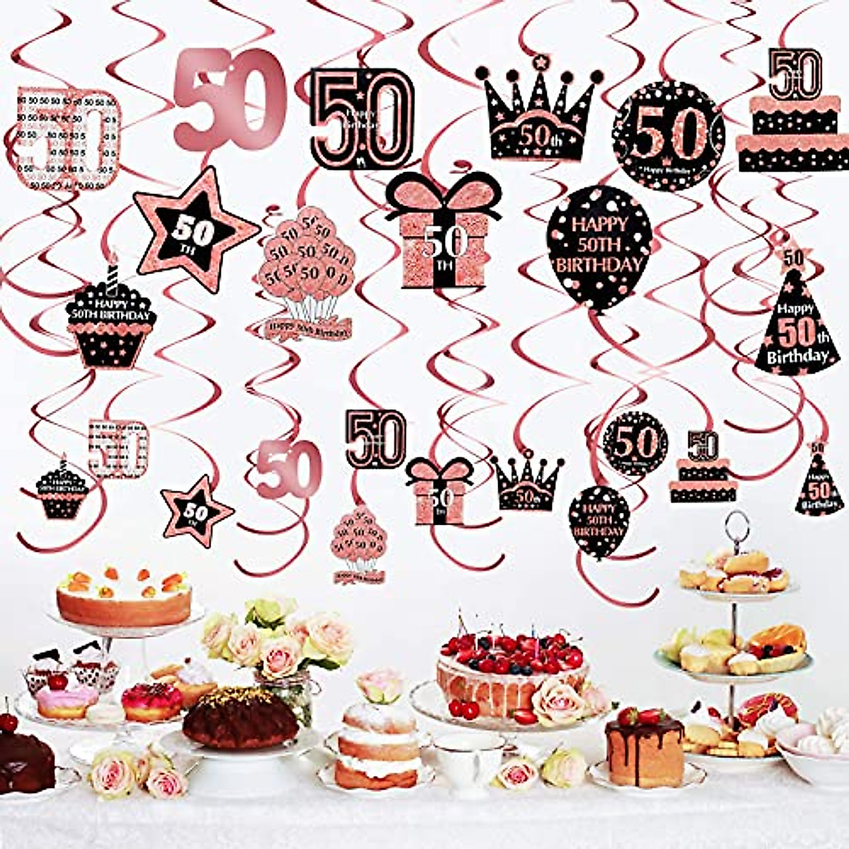 Pimvimcim 50th Birthday Hanging Swirls Decorations for Women, 36pcs Happy 50 Year Old Birthday Swirls Supplies, Rose Gold Fifty Birthday Party Hanging Swirl Décor