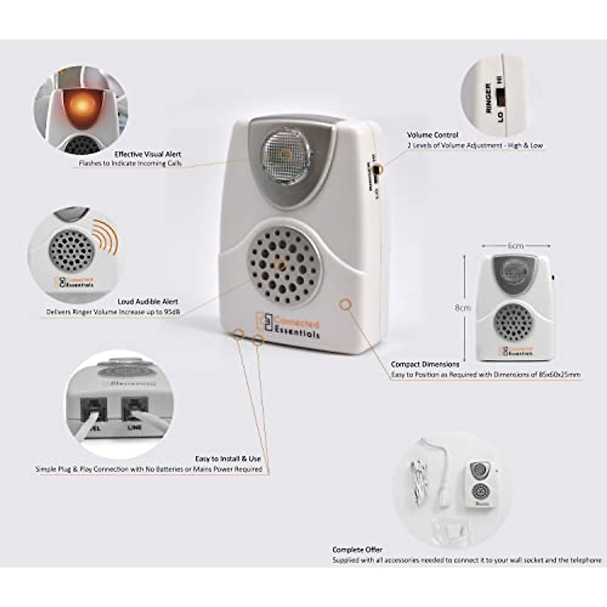 Telephone Ringer Amplifier by Connected Essentials - Loud Ringer with Bright Flashing Light