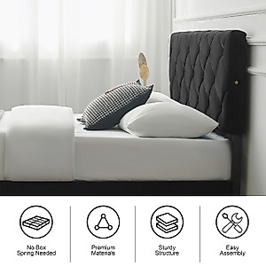 AsKmore Queen Size Bed Frame,Velvet Upholstered Platform with Headboard and Strong Wooden Slats,Non-Slip and Noise-Free,No Box Spring Needed, Easy Assembly,Black