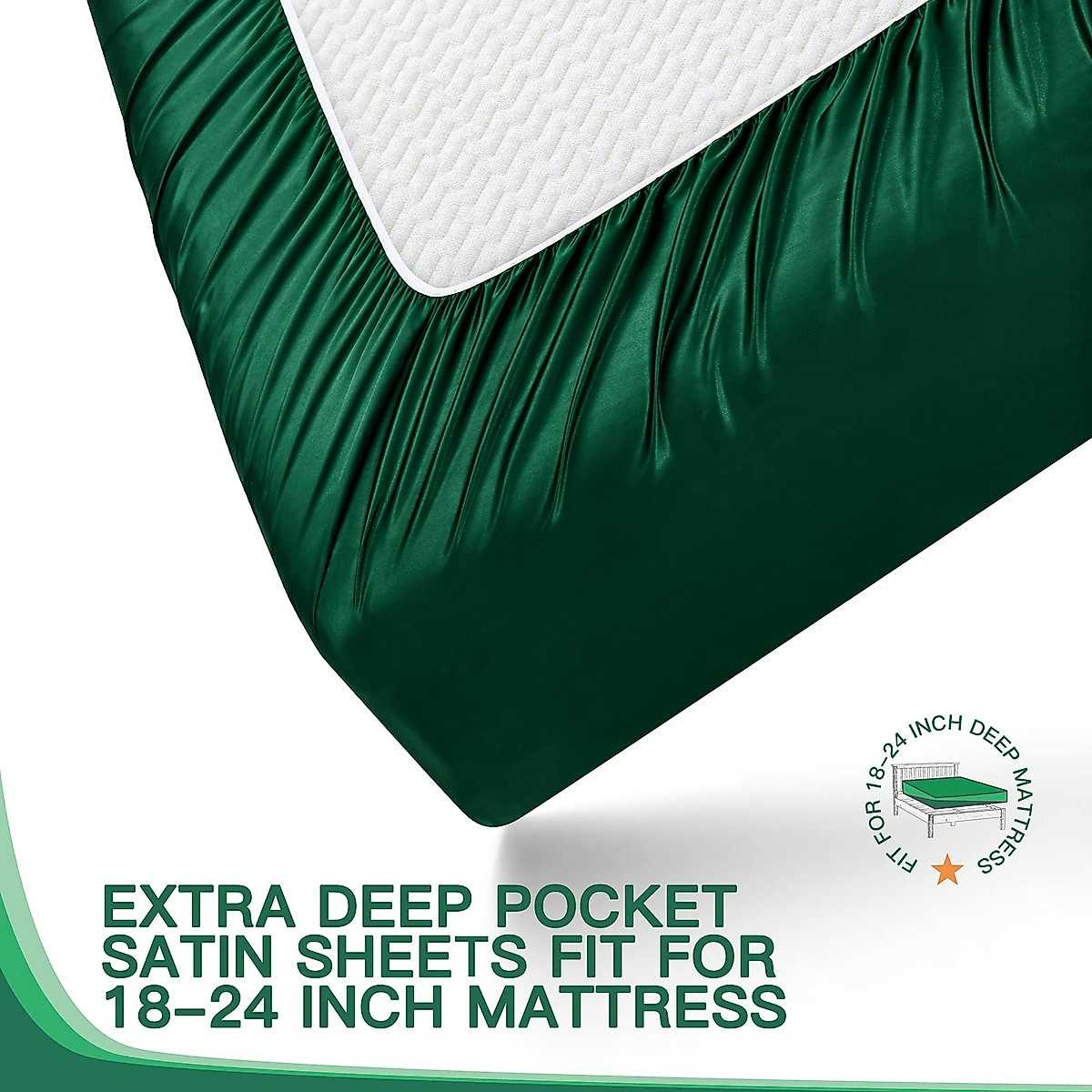 VACVELT 4pcs Extra Deep Pocket Satin Sheets Full Size Bed Set, Blackish Green Satin Sheet Set Fit 18-24 Inch Deep Pocket Mattress, Silky & Luxury Satin Bedding Set Soft & Ultra Deep Fitted Sheet Set