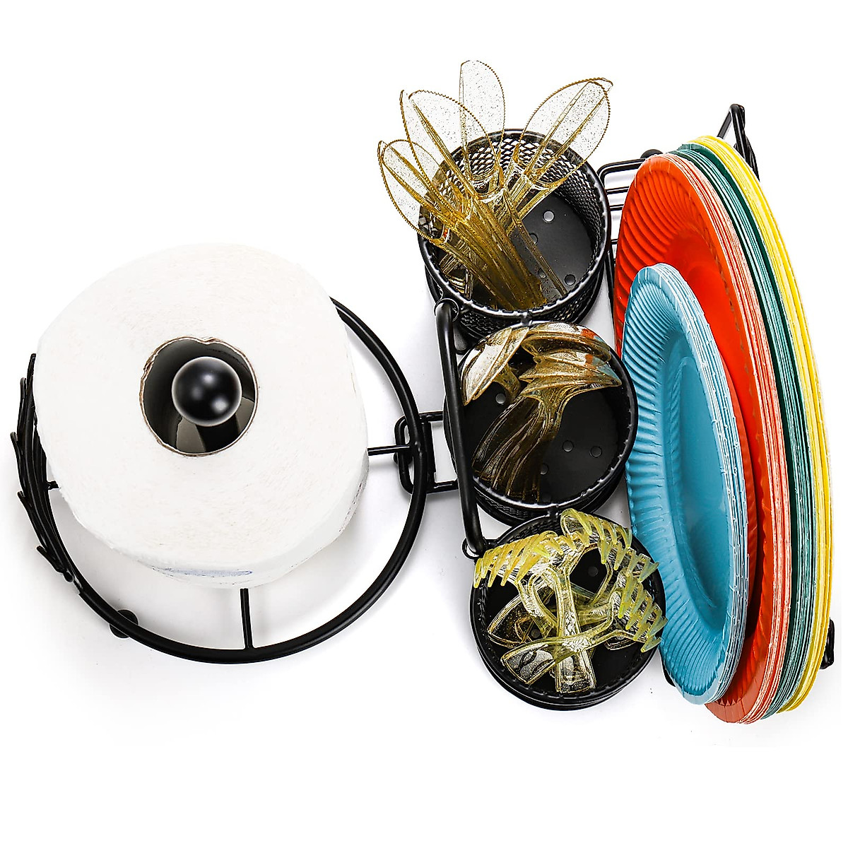 Elsjoy Metal Utensil Caddy with Paper Towel Holder, Picnic Caddy Silverware Organizer, Flatware Caddy Buffet Storage Caddy for Plates, Cutlery, Pull-Out Handle