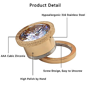 ZS Rose Gold Stainless Steel Screw Big Cubic Zirconia Ear Gauges Plugs Tunnels Expander Body Piercing (Gauge=00g(10mm))