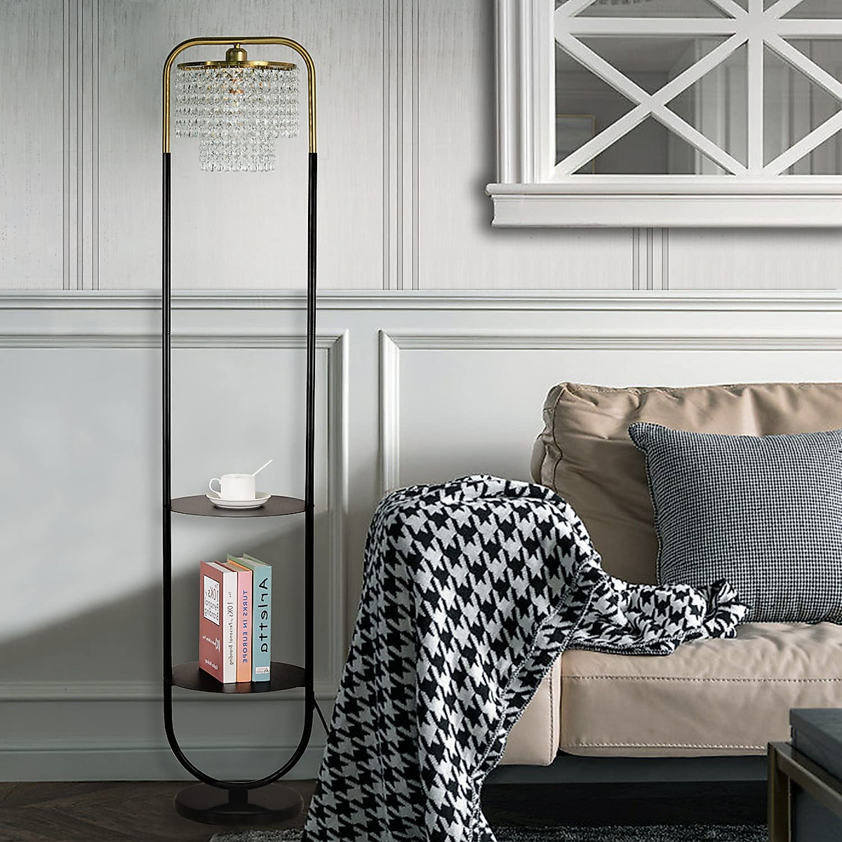 beaysyty Modern Elegant with Double Tray Crystal Floor Lamp for Office Cafe Den Living Room Bedroom,Foot Switch and Black Finish,Crystal Lampshade Arc Floor Lamp