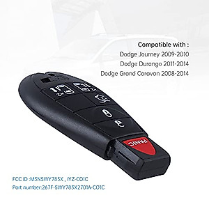 Car Key Fob Keyless Entry Remote fits Chrysler Town and Country 2008-2015 / Dodge Grand Caravan 2008-2014 Replacement for P/N: M3N5WY783X (5+1 Buttons) Pack of 2
