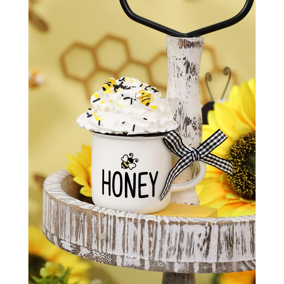 Nefelibata Farmhouse Bumble Bee Tiered Tray Decoration Honey Mini Coffee Mugs with Faux Bee Whipped Cream Toppers Spring Summer Coffee Bar Table Decor Cute Bee Day Party Photo Prop