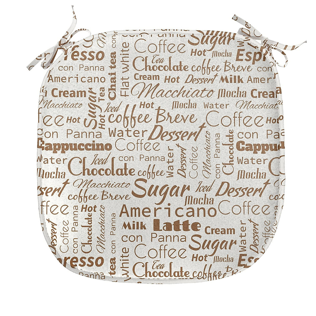 Ambesonne Modern Chair Seating Cushion Set of 4, Coffee Themed Words Macchiato Mocha Americano Breve Dessert Graphic, Anti-Slip Seat Padding for Kitchen & Patio, 16"x16", Umber and Cream