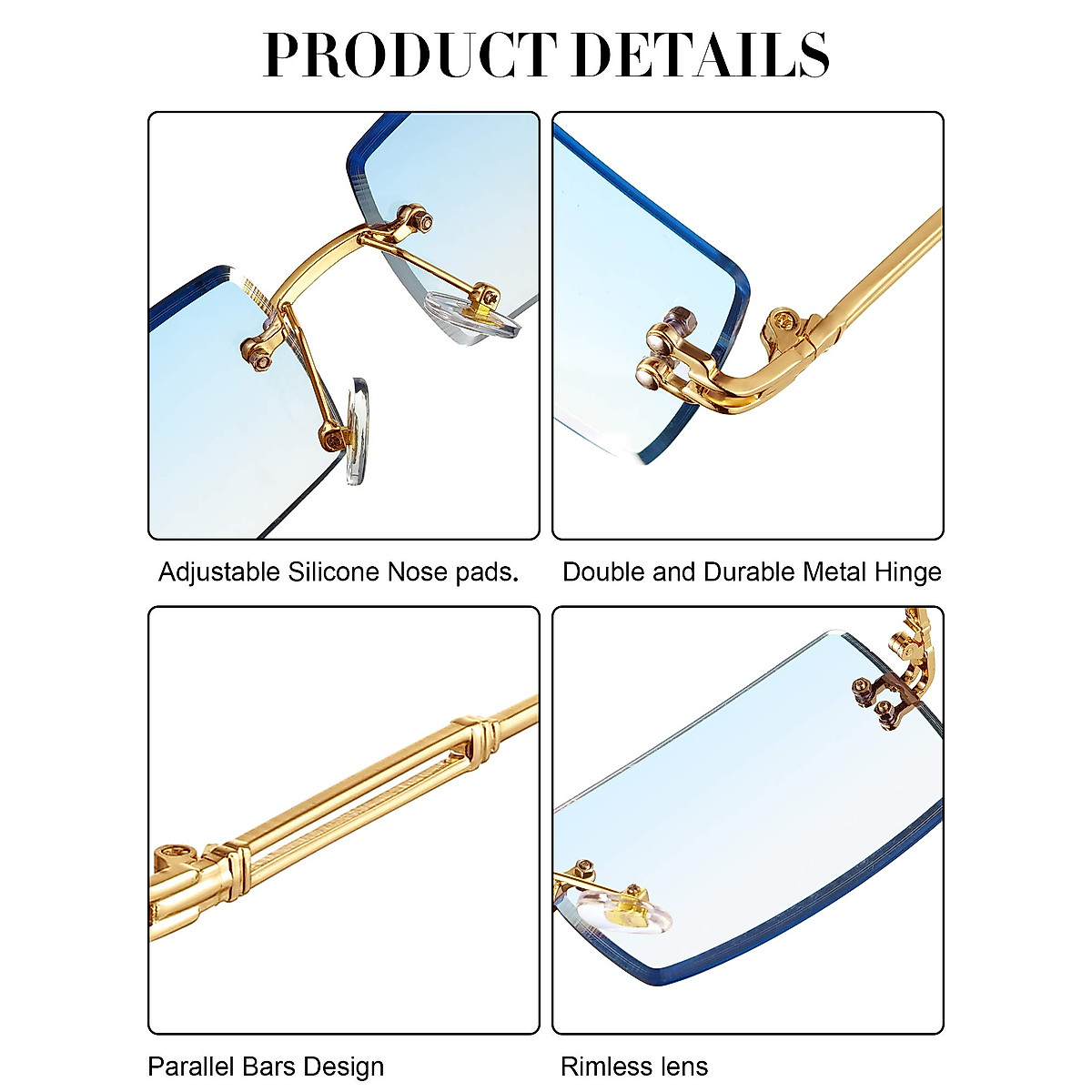 Weewooday 8 Pairs Vintage Rimless Rectangle Sunglasses Tinted Lens Gold Metal Frameless Eyewear Sunglasses for Women Men