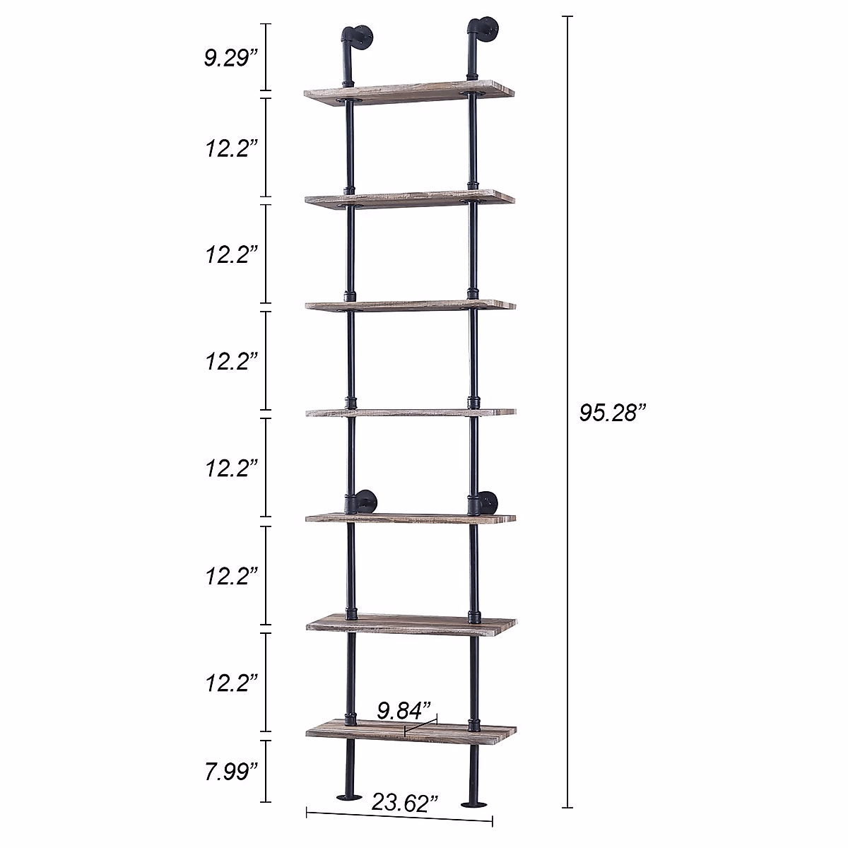 HOMBAZAAR Industrial Pipe Bookshelf,7 Tier Pipe Shelving,Wall Mounted Ladder Shelves with Metal Frame for Home Office,Living Room,Oak Brown