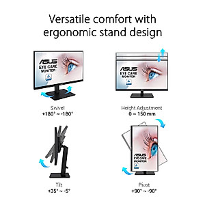 ASUS VA27DQSB 27” Monitor, 1080P Full HD, 75Hz, IPS, Adaptive-Sync, Eye Care, HDMI DisplayPort VGA USB Hub, Frameless, Ergonomic Design, VESA Wall Mountable (Renewed)