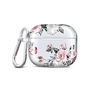 RXKEJI AirPods 3 Case Cover, Rose Flower Clear Case Cute Protective Soft Shockproof Cover with Keychain for Women Girls Compatible with AirPods 3rd Generation Case - Pink