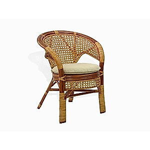 5-Pc Pelangi Rattan Wicker Dining Set with Round Table Glass Top + 4 Arm Chairs, Colonial Color