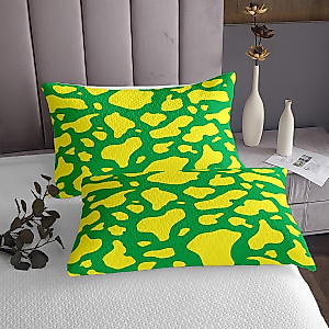 Manfei Kids Yellow Cow Fur Bedspread Queen Size, Animal Skin Print Coverlet Set 3pcs for Boys Girls Room Decor, Yellow and Green Quilted Coverlet with 2 Pillowcases, Soft Polyester Bedding Quilt