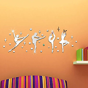 QISHENG Ballet Girl Mirror Dance Classroom Baby Girl's Room Bedroom Wall Stickers 39.4x14.2" (Silver)