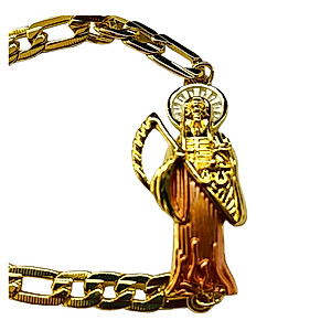 Grim Reaper ID Bracelet 3 tone Cuban Links Pulcera de La SANTA MUERTE, 9 inch