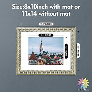 MBC MAT BOARD CENTER, 11x14 Ornate Picture Frame, Silver Beige Color, Matted to 8x10 - White Mat - Tempered Glass