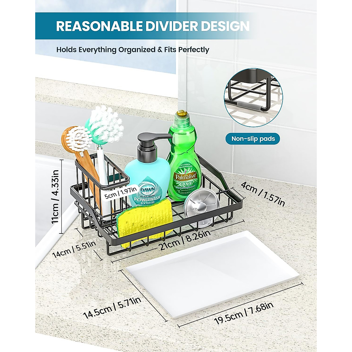 OHOBABY Sponge Holder for Kitchen Sink, Sink Caddy with Removable Drip Tray, Rustproof Stainless Steel Kitchen Sink Organizer with Dish Brush Holder for Countertop, Black (8.26'' X 5.51'' X 4.33'')