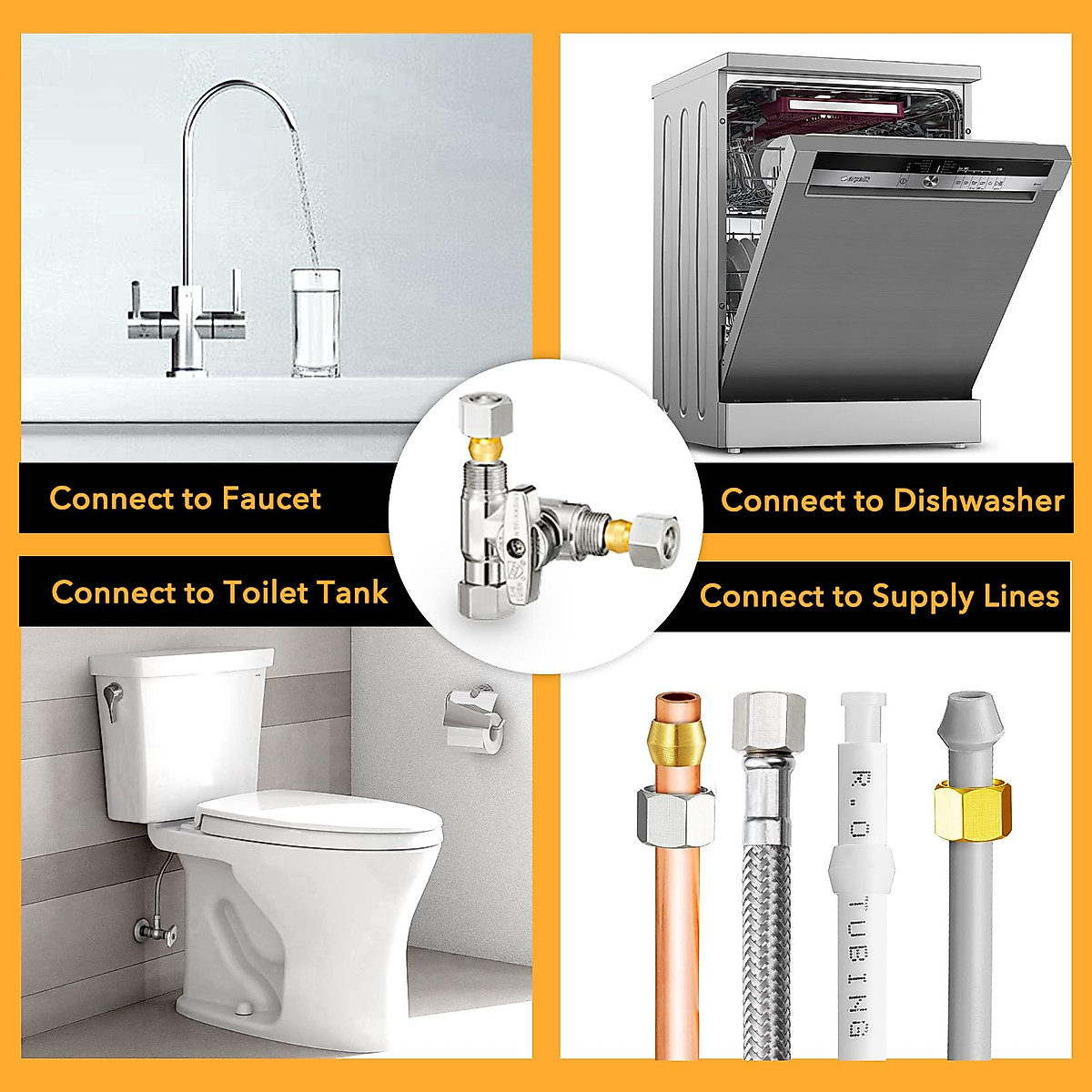 3/8" Brass Compression Angle Stop Valve, Water Line Splitter Connector Tee for Dishwasher, Commercial Sink Faucet, and Water Supply Line