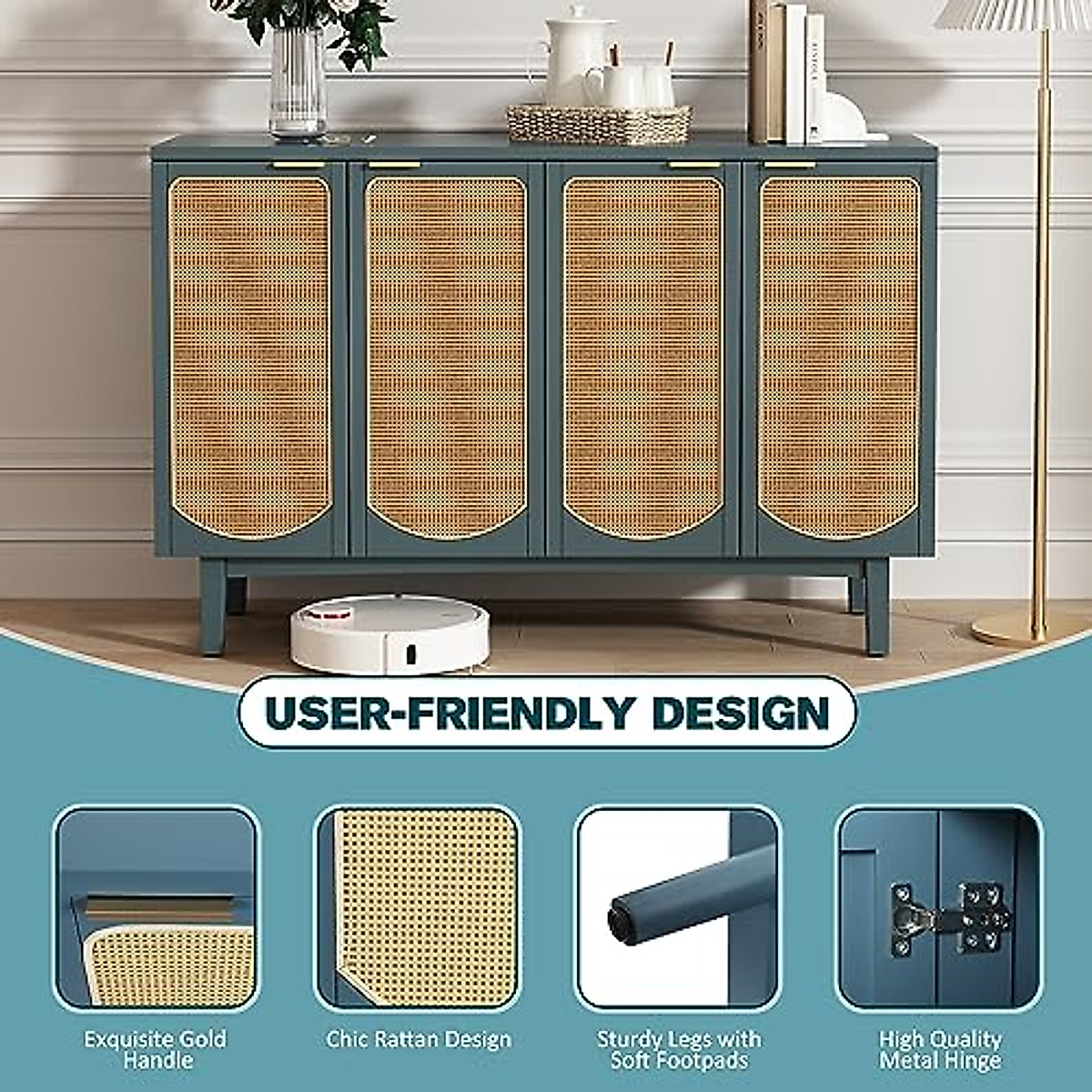 ARTPOWER Sideboard Buffet Cabinet with 4 Rattan Doors, Accent Storage Cabinet with Shelves, Free Standing TV Console Table, Modern Teal Credenza for Kitchen, Dining Room, Living Room, Hallway