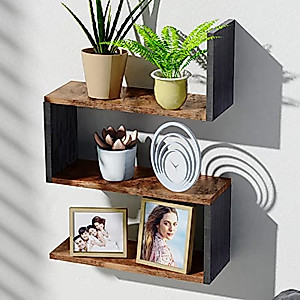 NiHome Floating Wall Shelves 3-Pack, Hanging Corner Shelves, Rustic Wood Book Shelves, Corner Bookshelf for Bedroom, Living Room, Bathroom, Wall Mounted Decor (Black & Brown)