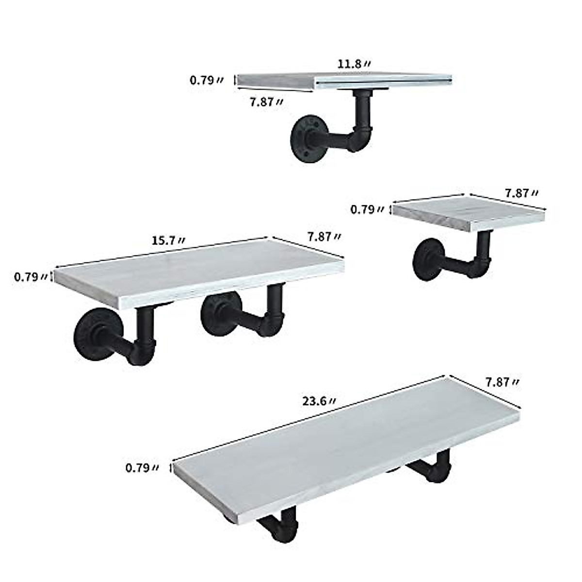 MANTE BLONG QTSARTISAN 24-Inch Industrial Pipe Floating Shelves Wall Mounted, Rustic Wood Wall Shelves Set of 4 for Bedroom, Bathroom, Living Room, Kitchen,Office and More (4 Shelves, White)