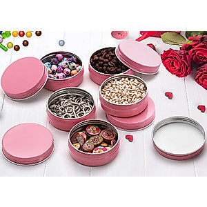 Foraineam 48 Pack 2 oz Screw Top Round Tin Cans with White Labels, Pink Aluminum Cosmetic Sample Containers, Metal Empty Tins Travel Storage Tin Jars for Lip Balm, Salve, Spice, Candy or Crafts