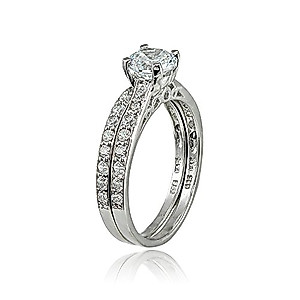 Hoops & Loops Sterling Silver Cubic Zirconia Round-cut Wedding & Engagement Bridal Ring Set, Size 6