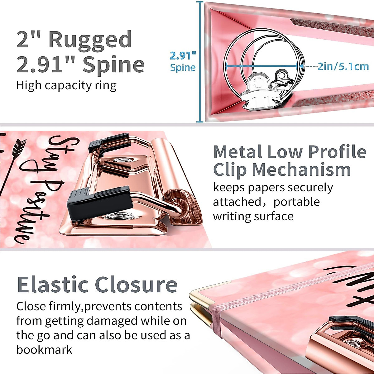 Lateefah 3 Ring Binder, 2 Inch Binder Organizer for Letter Size(8.5'' x 11'') with 5-Tab Dividers and Pockets, Portfolio Binder Cute Binder with Low Profile Clipboard for Office, School Supplies