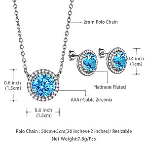 beautlace March Birthstone Necklaces/Stud Earrings Set Silver Plated Round Shape Jewelry Sets Blue Birthstone Jewelry Birthday Gifts for Men and Women KS0017M