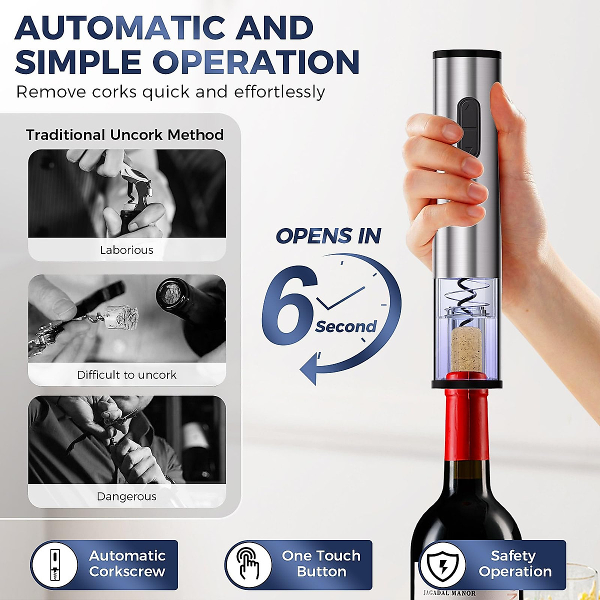 [6-IN-1] Electric Wine Opener, Battery Operated Wine Bottle Opener with Foil Cutter, Wine Aerator, Vacuum Stopper, Storage Base & Carrying Case, Ideal Wine Accessories for Wine Lovers, Stainless Steel