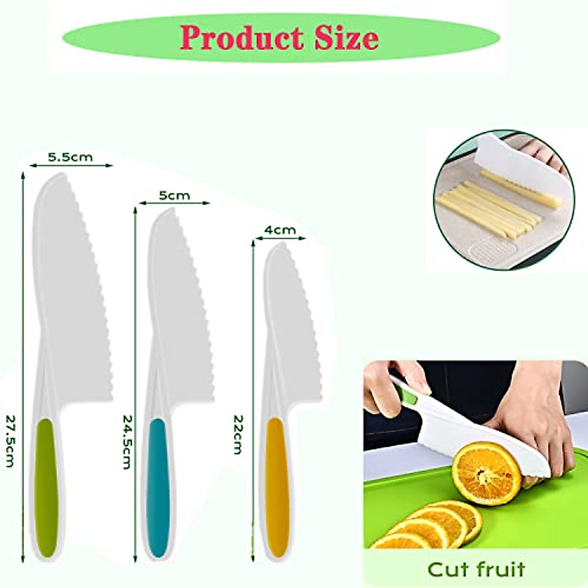 RICHERI 3PCS Children's kitchen knife, plastic serrated edge Children's Knife, fruit and vegetables, Safe Children's Toddler Chef Knife, suitable for children to use for cooking