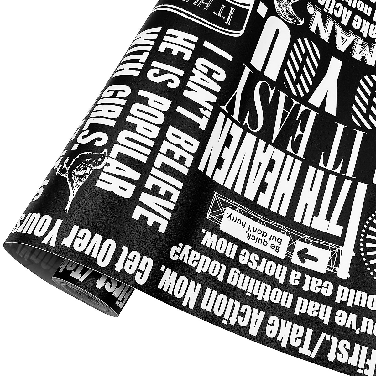 LovingWay 14.7 feet Wallpaper Roll Retro Newspaper Shelf Liner 17.7x177 Inch White Text Office File Cabinets Lining Black Paper Christmas Wall Decor