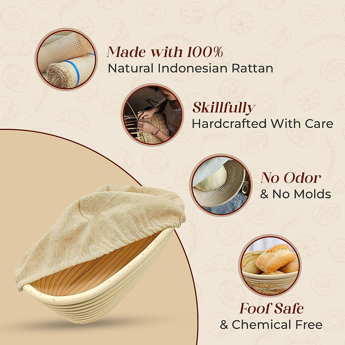 LITHOS Store 10 Inch Oval Natural Rattan Banneton Bread Proofing Basket Set with Bread Lame & Slashing Scraper - Natural Rattan Bread Proofing Basket, Ensures Crispy Crust & Fluffy Interior