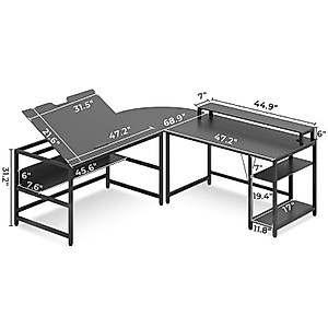 SEDETA L Shaped Computer Desk with Hutch, Drafting Drawing Table for Artists, 68.9 inches Corner Computer Desk for Home Office, Workstation Table with Monitor Stand Riser and Tiltable Desktop, Black