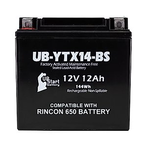 YTX14-BS Replacement For Honda Rincon 650 Battery 2003-2005 - Compatible With Honda TRX650 FourTrax 650CC, TRX 650 Four Wheeler Quad ATV Batteries - 12V 12AH Maintenance Free