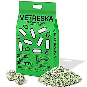 VETRESKA Tofu Cat Litter,Natural Kitty Litter Strong Clumping Flushable Cat Litter Pellets Ultra Absorbent Deodorant Tofu Litter,Dust-Free,Low Tracking,Eco-Friendly,Green Tea(5.5lb×1bag)