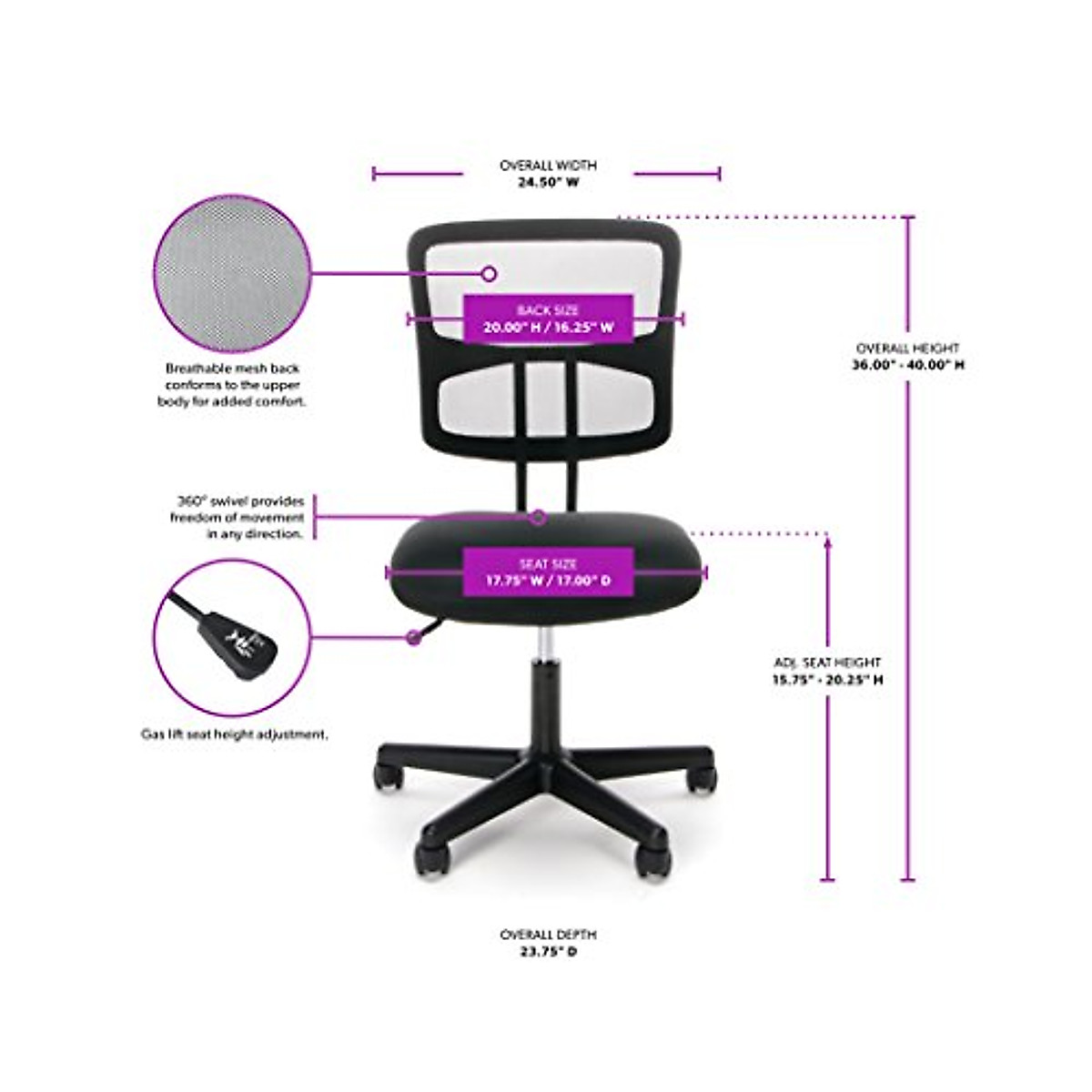 OFM ESS Collection Swivel Mesh Back Armless Task Chair, in Black (ESS-3020)