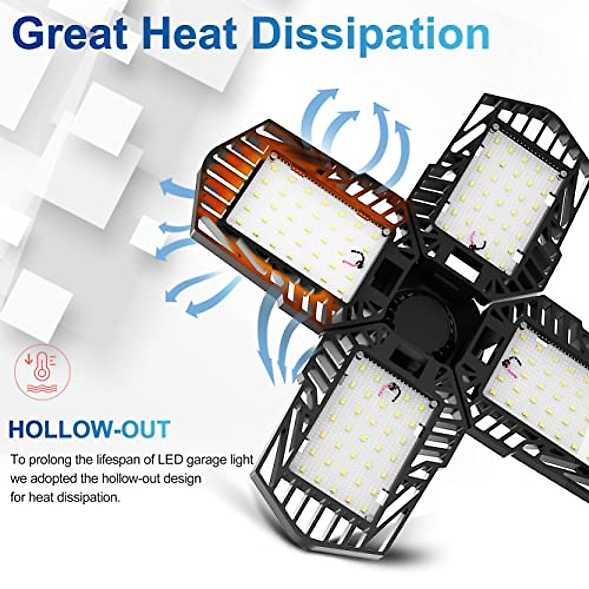 LEDIARY 2 Pack LED Garage Light, 80W Deformable Garage Ceiling Lights with 4 Adjustable Panels, 8000LM Screw in LED Tri Light for Attic, Basement - E26/E27 Base
