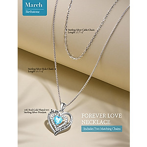 March Birthstone Necklace for Women Sterling Silver Forever Love Heart Pendant Created Aquamarine Necklace Jewelry Anniversary Birthday Gifts for Wife Grandma, 2PCS Silver Chains Length 17.7"+2"
