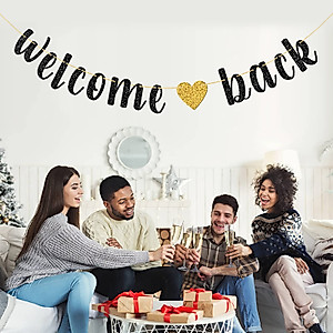Welcome Back Banner, Returning Home Party Supplies, Happy Retirement Sign, Welcome Home Theme, Back to School Party Decorations Black Glitter