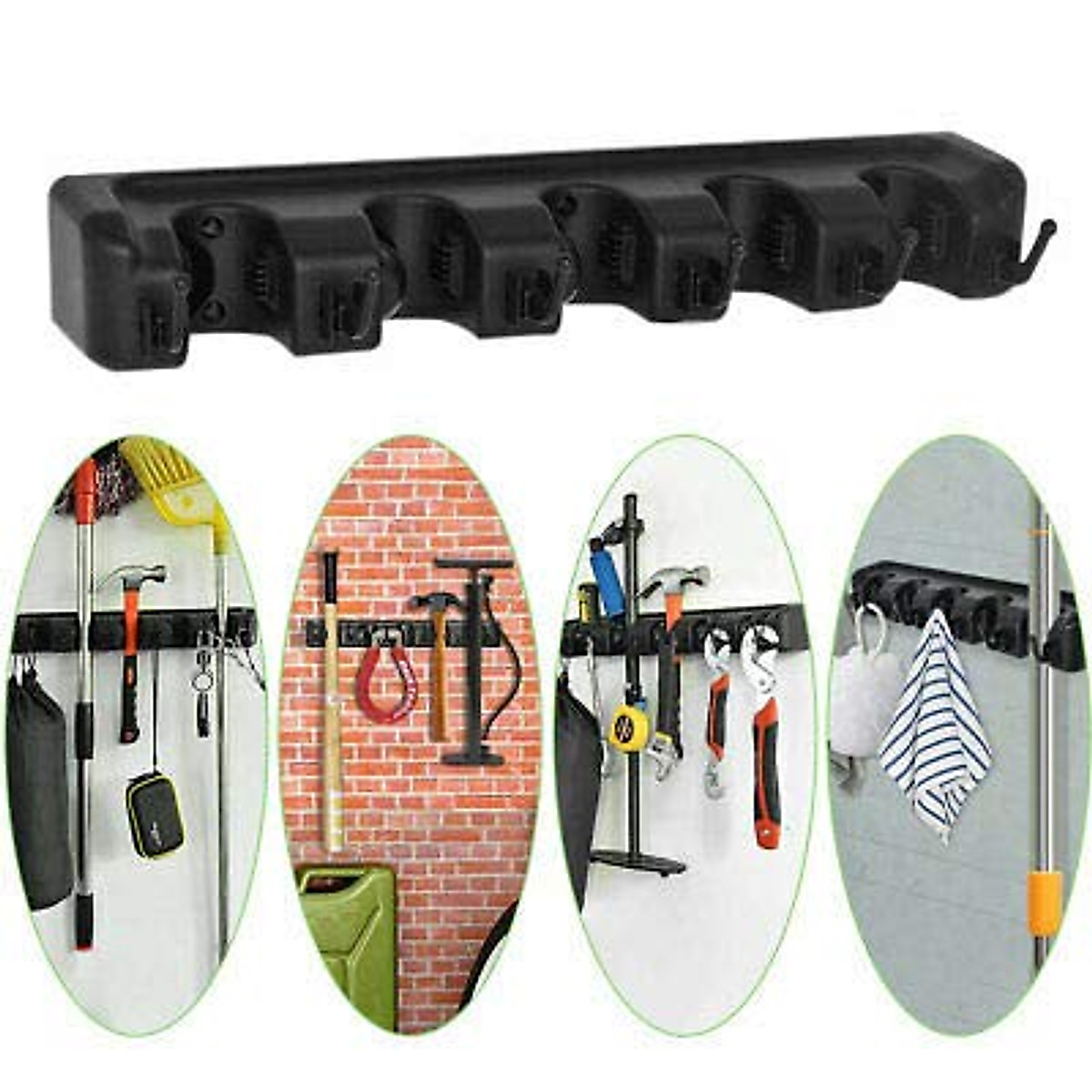 BonyandPo Broom and Mop Holder Wall Mounted - Heavy Duty Broom Holder Organizer with 2 Hooks and Screwdriver - Ideal for Cleaning Supplies Storage In Broom Closet or Over the Door (Black)