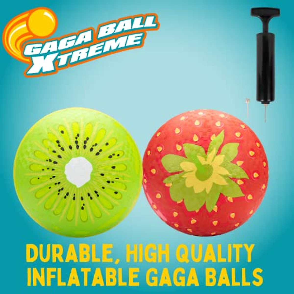 SCS Direct Gaga Fruit Themed Playground Balls (2pk) (8.5 inches) w Air Pump- Durable Grip Rubber Pack for Recess Dodgeball, Kickball, Gagaball Play & School -Fun Kids Summer Camp Outdoor Toys & Gifts