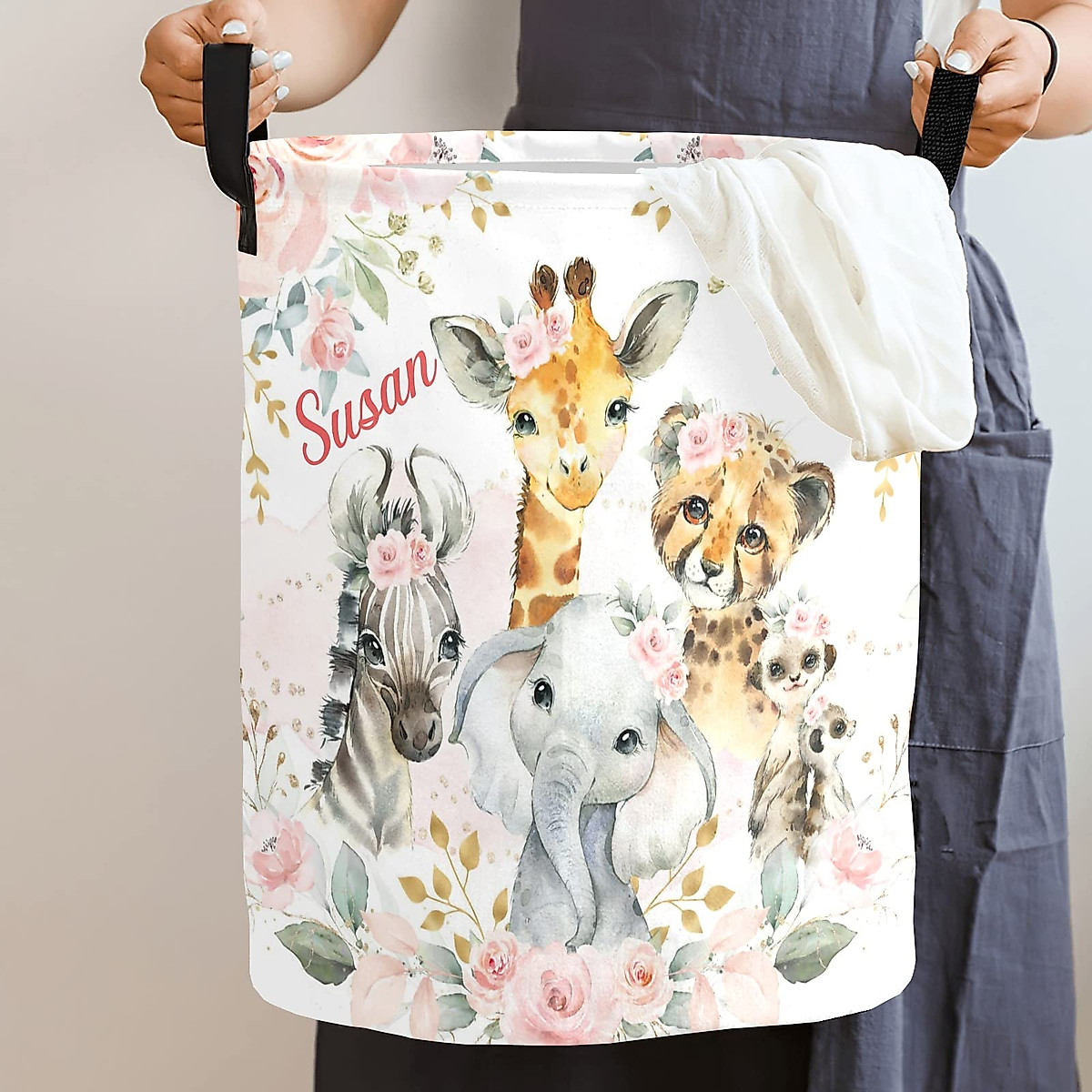 Personalized Custom Flower Cute Animals Lion Laundry Baskets with Name Collapsible Clothes Storage Basket with Handle for Bathroom Bedroom Kitchen