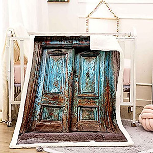 NARBOR Soft Fleece Throw Blanket - Fluffy Microfiber Solid Blankets for Bed and Couch Double/Single Size - 59X79Inch Blue, Wooden Door Printed Flannel Blanket for Bed, Couch and Sofa
