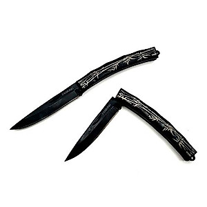 TANKING Bamboo Style Folding Pocket Knife with Non-Slip Pattern Handle, Durable Stainless Steel Blade, Hunting Camping Outdoor Tool Tactical Knife (Bent handle-Black)