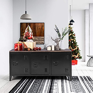 FurnitureR Office File Storage Console Cupboard Metal Cabinet 3 Door Cupboard Locker Organizer with Walnut MDF Top Black Metal Frame